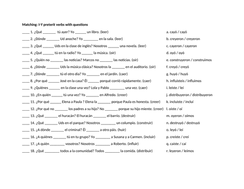 I-Y preterit verbs questions matching practice | Teaching Resources