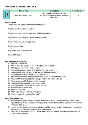 Macbeth Full SOW (mid-high ability GCSE) | Teaching Resources