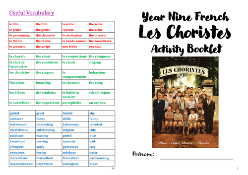 French Les Choristes Workbook Cinema Project | Teaching Resources