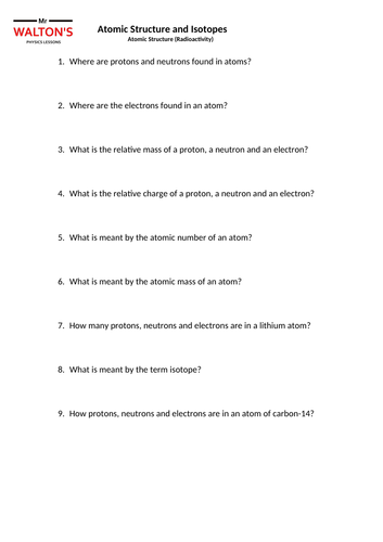 Atomic Structure and Isotopes for GCSE Science worksheet and video ...