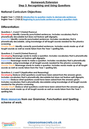 Grammar Year 1 Recognising And Using Questions Homework Extension Teaching Resources