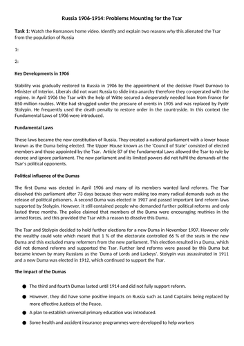 Russia Depth Study: Russia Between 1906-1914 | Teaching Resources