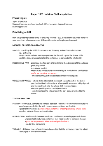 AQA A-Level PE Skill Acquisition Paper 1 | Teaching Resources