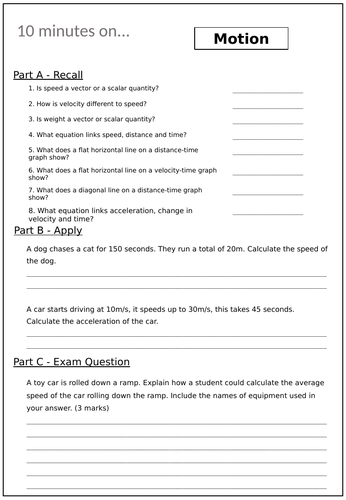 GCSE Recall Worksheet - Motion | Teaching Resources