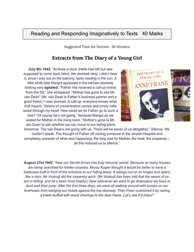 Junior Cycle Reading Comprehension Exam : The Diary of a Young Girl ...