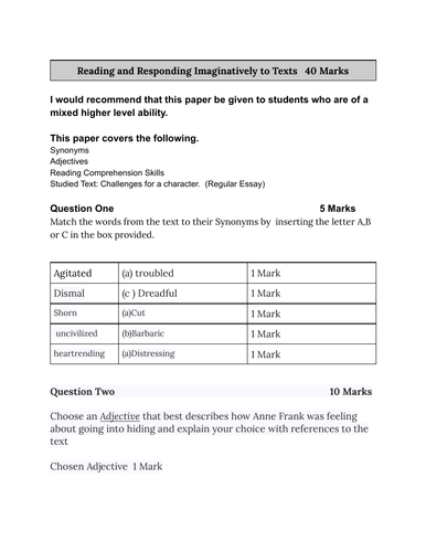 Junior Cycle Reading Comprehension Exam : The Diary of a Young Girl ...