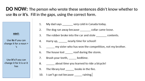 Grammar Worksheet - its vs it's | Teaching Resources