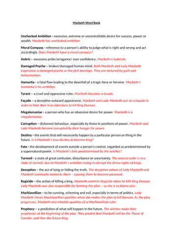 Macbeth Vocabulary Bank | Teaching Resources
