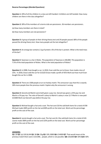 KS3/KS4 Reverse Percentages Worded Qs with Ans | Teaching Resources