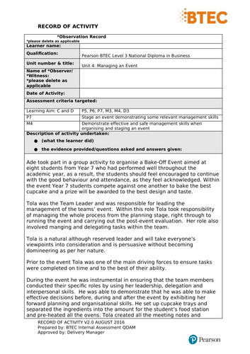 BTEC Business Level 3: Unit 4 - Managing an Event (Distinction) - Exemplar / Model Assignment 3 ...