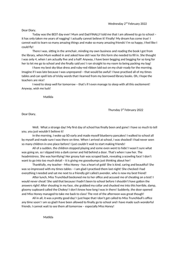 Year 5 - Diary Entries - Matilda | Teaching Resources