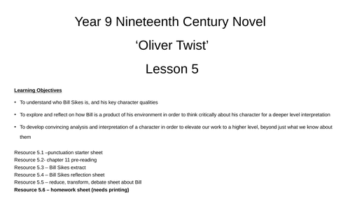 Oliver Twist Scheme of Learning | Teaching Resources
