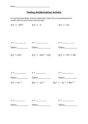 Finding Antiderivatives/Integration colour by number worksheet activity ...