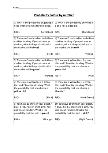 Basic Probability Colour by Number Worksheet Activity | Teaching Resources