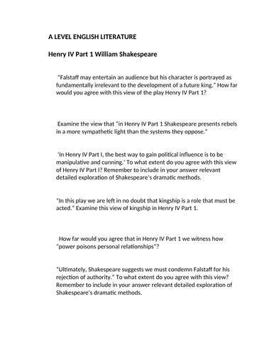 A LEVEL ENGLISH LITERATURE mock exam questions Henry IV Part1 ...