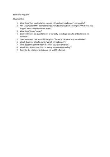 Pride and Prejudice Comprehension Questions Chapters 1-10 | Teaching ...