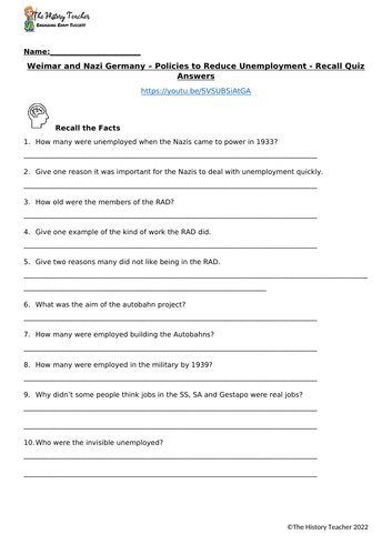 Unemployment in Nazi Germany - Editable Worksheets | Teaching Resources
