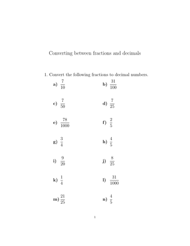 Converting between fractions and decimals worksheet (with solutions ...