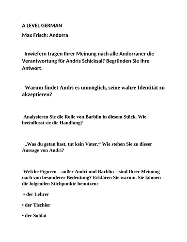 MAX FRISCH ANDORRA GERMAN A LEVEL LESSON PLAN (incl. mock exam ...