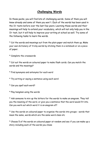 Activities for Challenging Vocabulary (Set 3) - 11+, Upper KS2 and KS3 ...