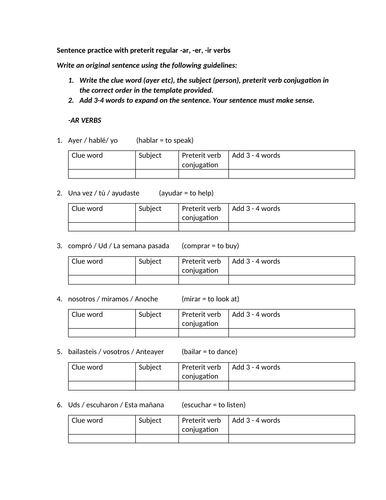 Regular preterit verbs sentence practice | Teaching Resources