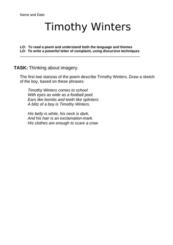 Excellent Timothy Winters unit - Charles Causley - Formal Letter ...