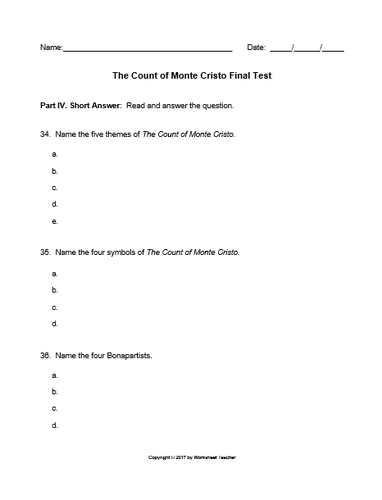 The Count of Monte Cristo Test with Key | Teaching Resources