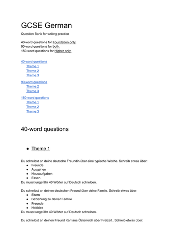 GCSE German Writing - Question Bank | Teaching Resources
