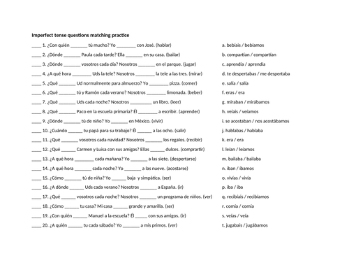 Imperfect tense questions matching practice | Teaching Resources