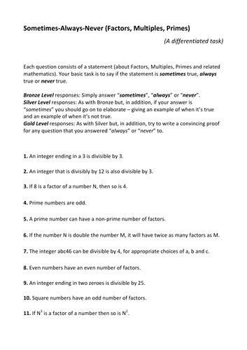 Sometimes-Always-Never with Factors, Multiples and Primes | Teaching ...