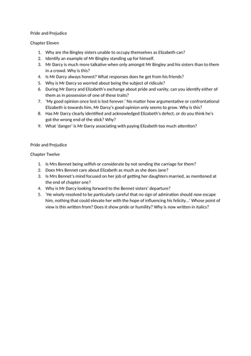 Pride and Prejudice Comprehension Questions Chapters 11-20 | Teaching ...