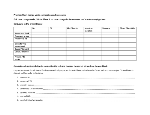 Stem change verbs sentence completion and conjugation practice ...