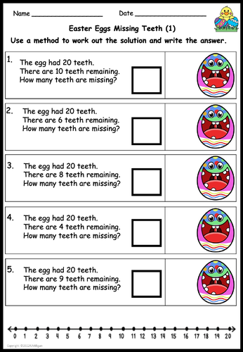 Easter Eggs Teeth Subtraction Missing Numbers within 20 Worksheets ...