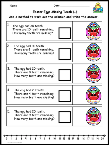 Easter Eggs Teeth Subtraction Missing Numbers within 20 Worksheets ...