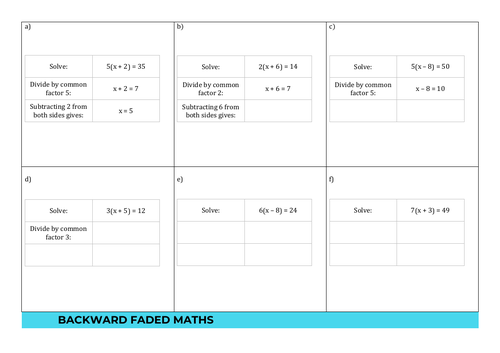 Backwards fading - Algebra with one bracket | Teaching Resources