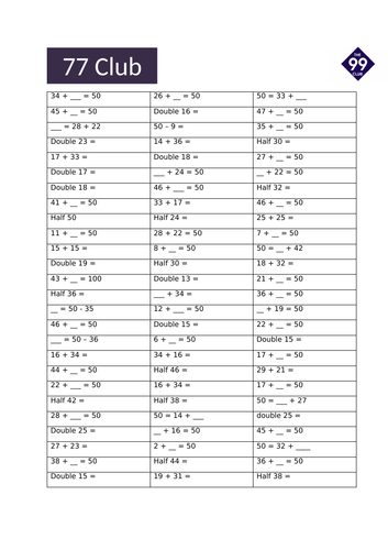 99 club arithmetic / number bonds practice | Teaching Resources