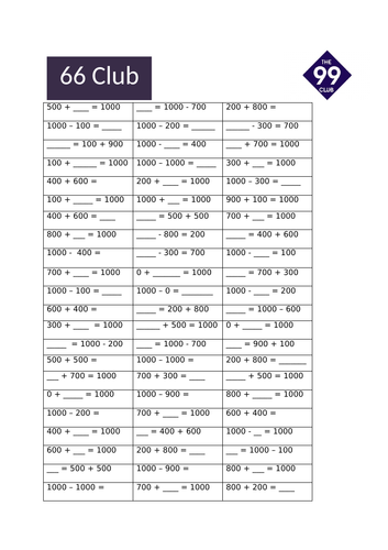 99 club arithmetic / number bonds practice | Teaching Resources