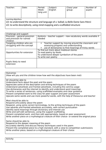 La Belle Dame Sans Merci - excellent inspection-ready unit: poem comp ...