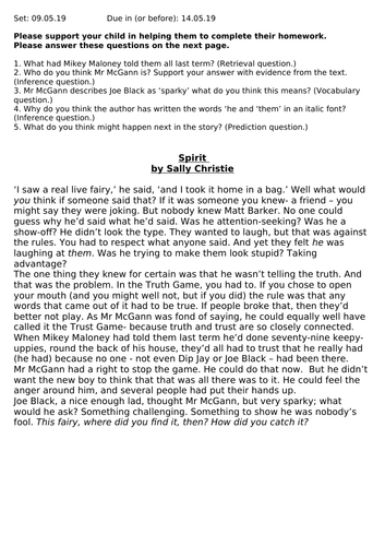 Reading Comprehension Homework for Year 5/6 | Teaching Resources