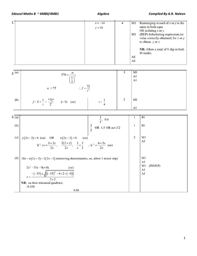 Algebra EDEXCEL IGCSE Maths Spec B Topical Past Paper Questions and ...