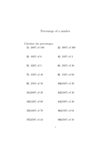 Percentage (over 100) of a number worksheet (with solutions) | Teaching ...