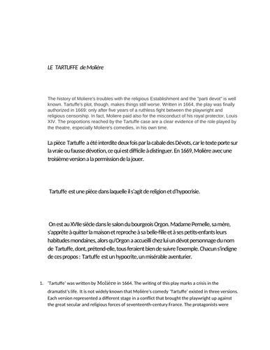 A* A level French STUDYING Tartuffe Moliere incl. mock exam questions ...