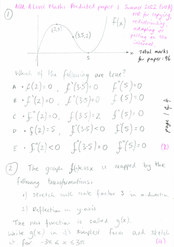 AQA A-level Maths predicted Gold paper 1 with solutions | Teaching ...