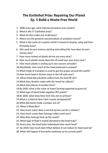 The Earthshot Prize: Repairing Our Planet Ep.5 Worksheet | Teaching ...