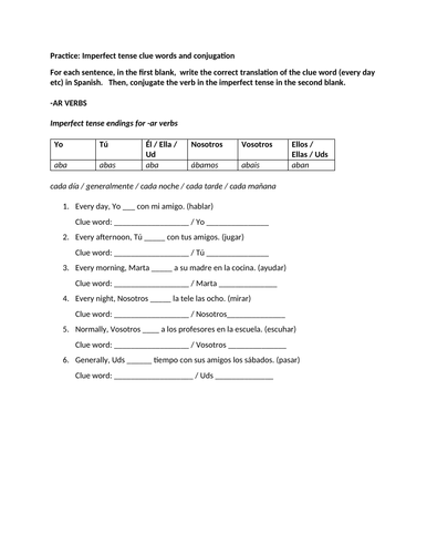 Imperfect tense verbs and clue words practice | Teaching Resources