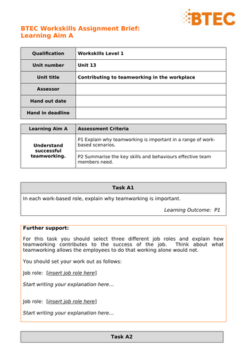 BTEC Level 1 Workskills 2021: Unit 13: Lesson 6 - Learning Aim A Draft ...