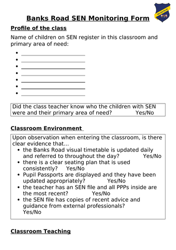 SEN monitoring form | Teaching Resources