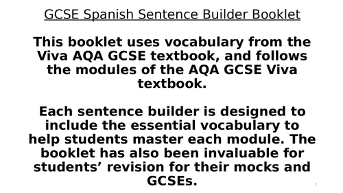 40+ GCSE Spanish Viva AQA GCSE Textbook Sentence Builders For All ...
