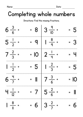 Completing Whole Numbers - Fractions Worksheets | Teaching Resources