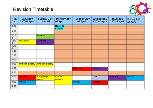 Sample year 11 GCSE Revision timetable for personalising | Teaching ...